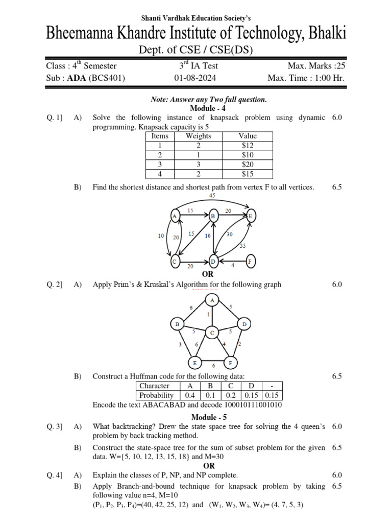 3 IA Question Paper ADA (BCS401) | PDF | Computational Problems | Algorithms And Data Structures