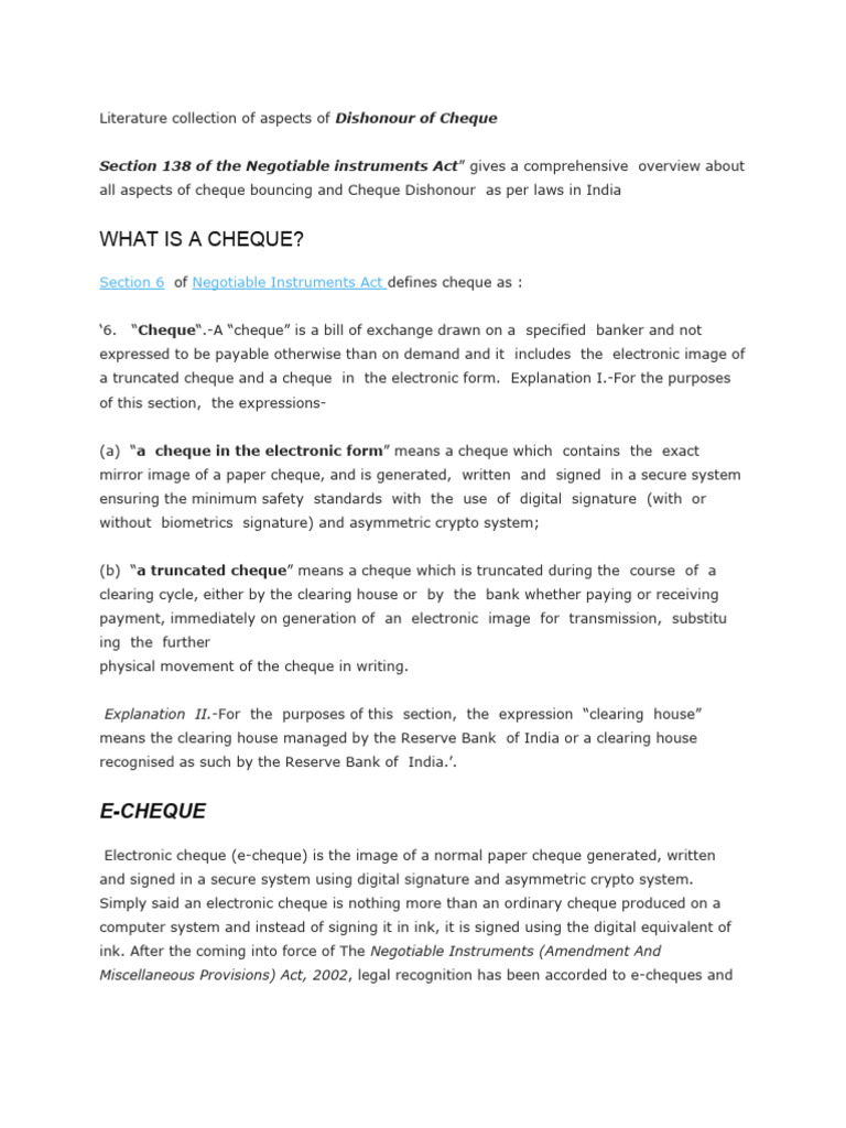 Literature Collection of Aspects of Dishonour of Cheque | PDF | Cheque ...