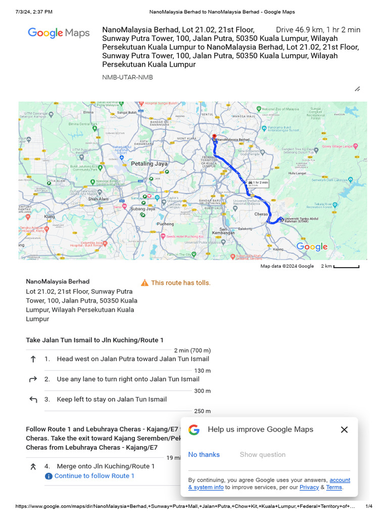 NanoMalaysia Berhad To UTAR SG LONG To NanoMalaysia Berhad - Google Maps | PDF