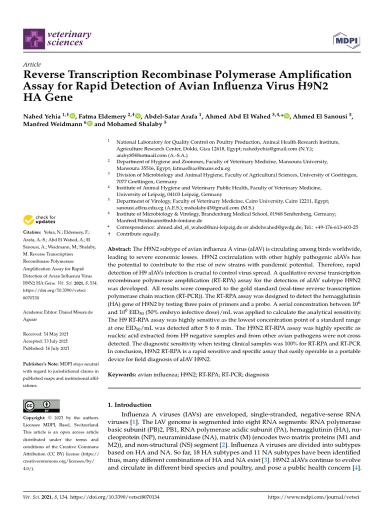 2021 - Yehia Et - Al - RT LAMP For Rapid Detection of Avian H9N2 | PDF ...