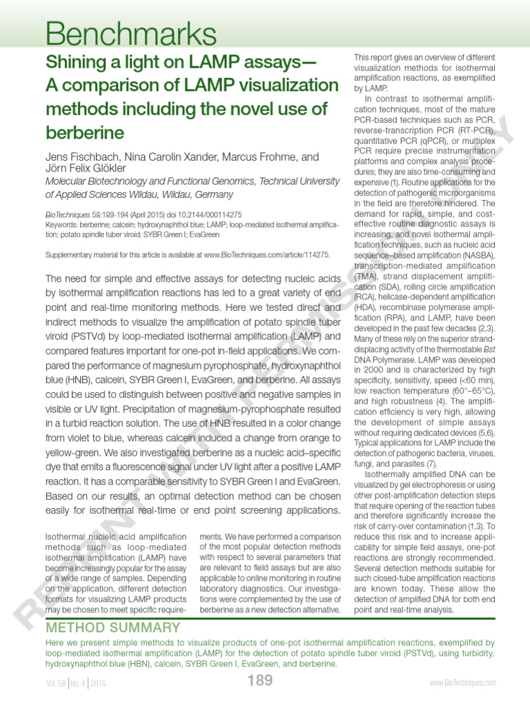 LAMP Visualization Methods Compared | PDF | Polymerase Chain Reaction ...