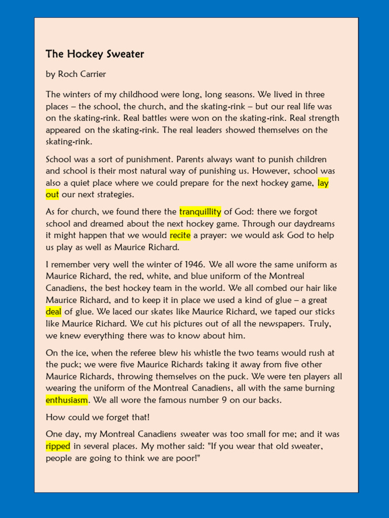 The Hockey Sweater - Vocabulary | PDF