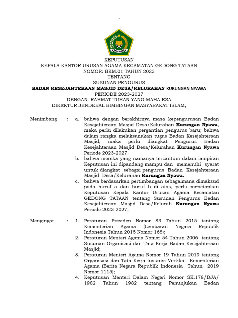 SK BKM KUrungan Nyawa Sudah Di Tandatangan | PDF