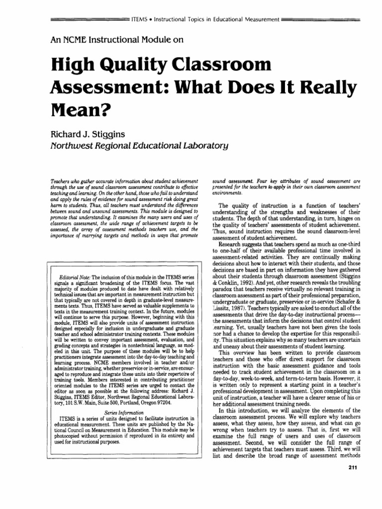 Stiggins 2004. High Quality Classroom Assessment | PDF