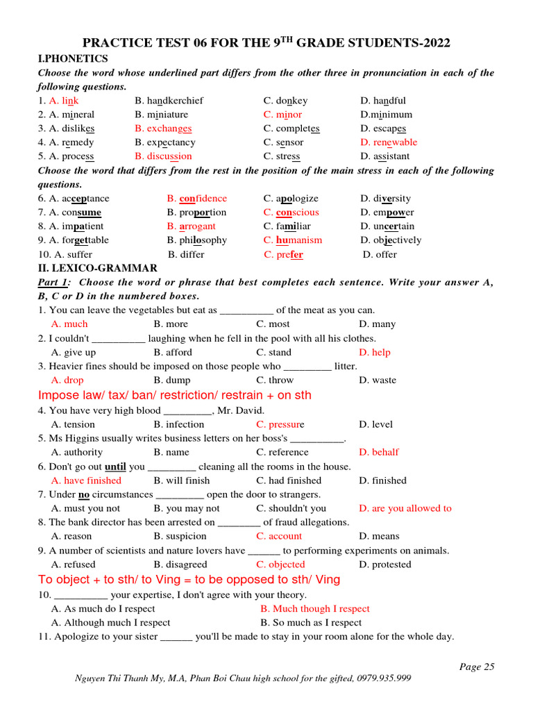 Key To Practice Test 06 For Grade 9 Pdf Emotions Facial Expression