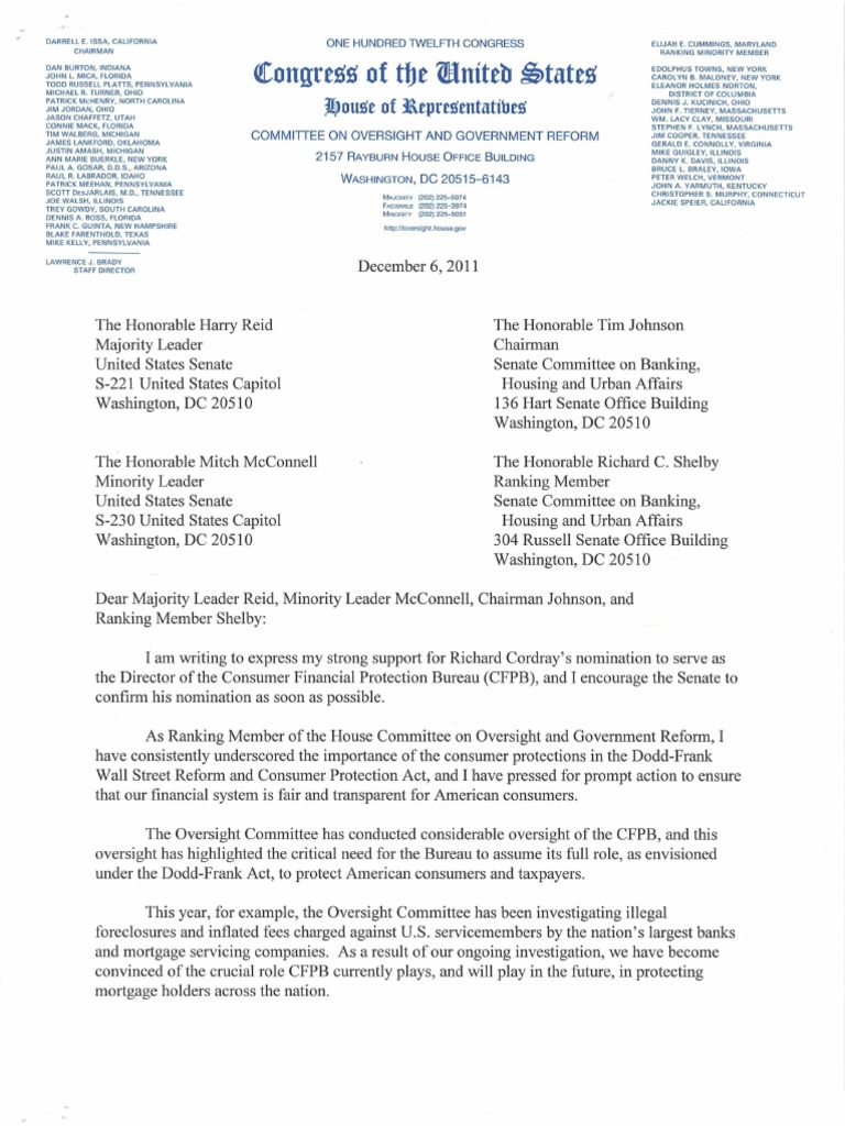 Congressional Letter in Support of Nomination of Richard Cordray Former ...
