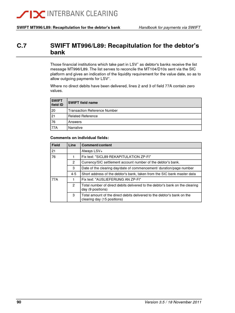 SWIFT MT996/L89 Debtor Bank Guide | PDF | Business | Computers