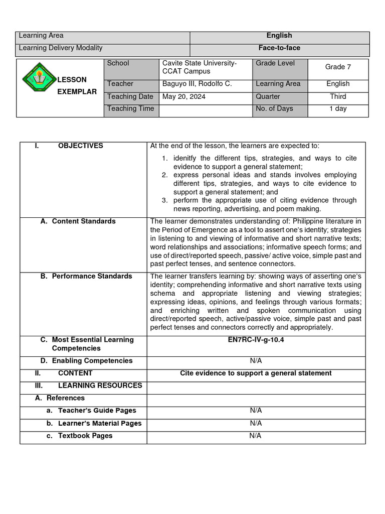 Grade 7 Lesson: Citing Evidence Techniques | PDF
