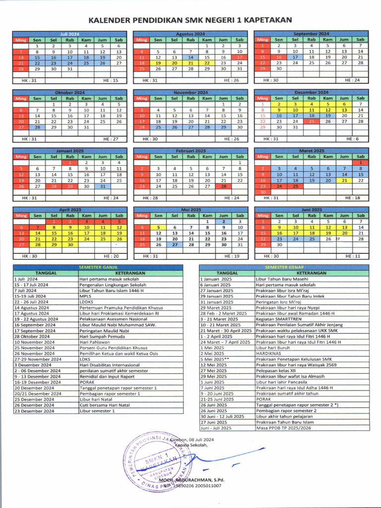 Kalender Pendidikan SMKN 1 Kapetakan 2024-2025 | PDF