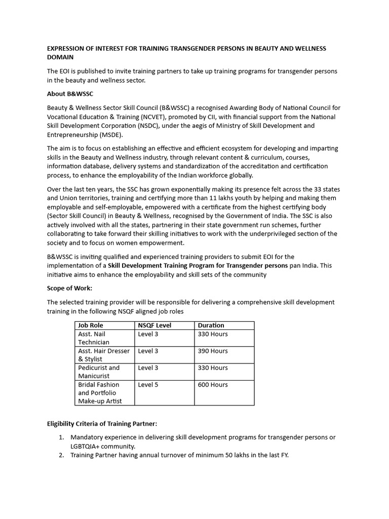 Expression of Interest Training of Transgenders | PDF | Business ...