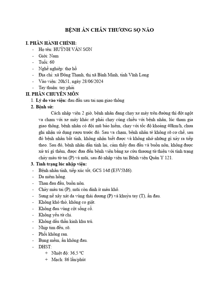 BỆNH ÁN CTSN | PDF