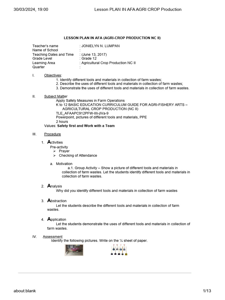 Lesson Plan in Afa Agri Crop Production | PDF | Lesson Plan | Teachers