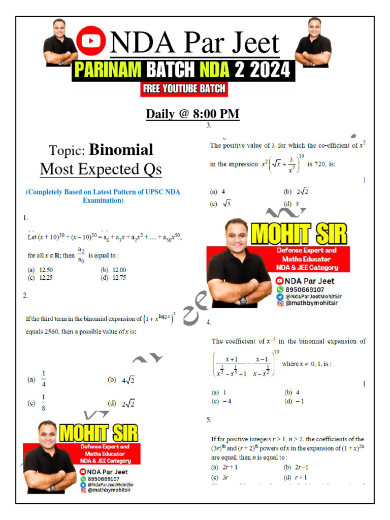 Binomial Practice Sheet 1 Mohit Sir | PDF