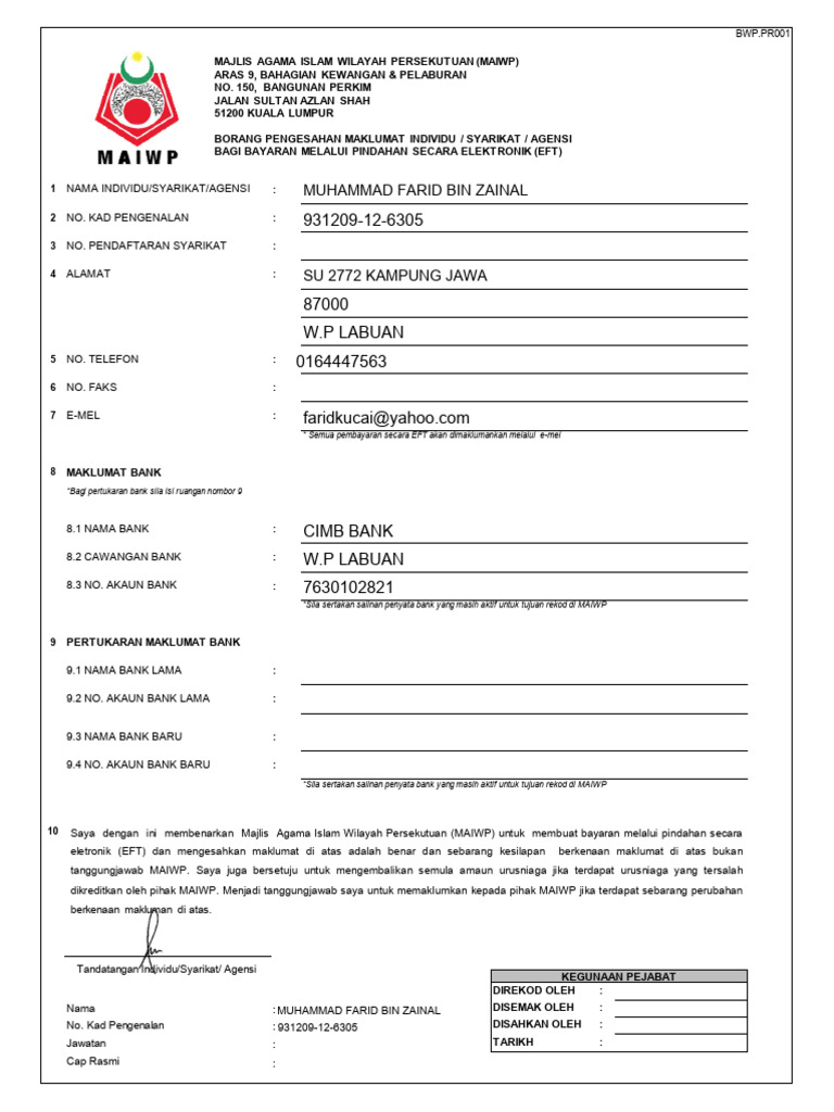 BWP - PR001 Borang Eft | PDF