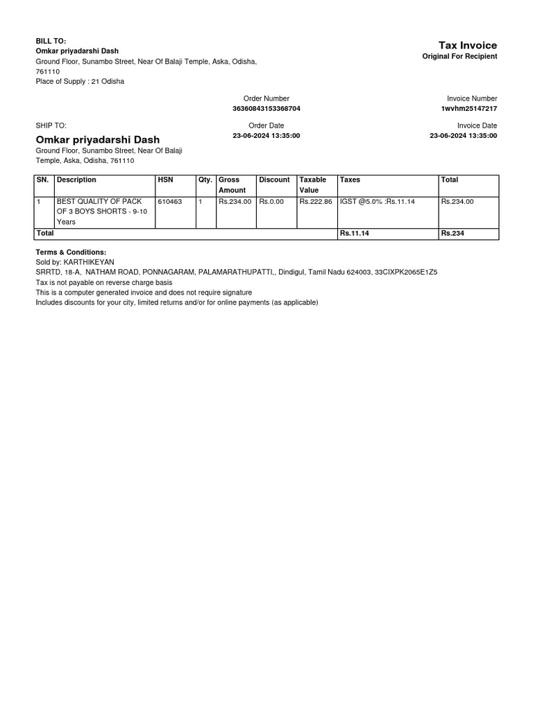 Tax Invoice for Boys Shorts Purchase | PDF