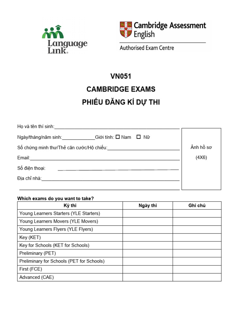 Form 1- Phiếu Đăng Kí Thi Cambridge | PDF