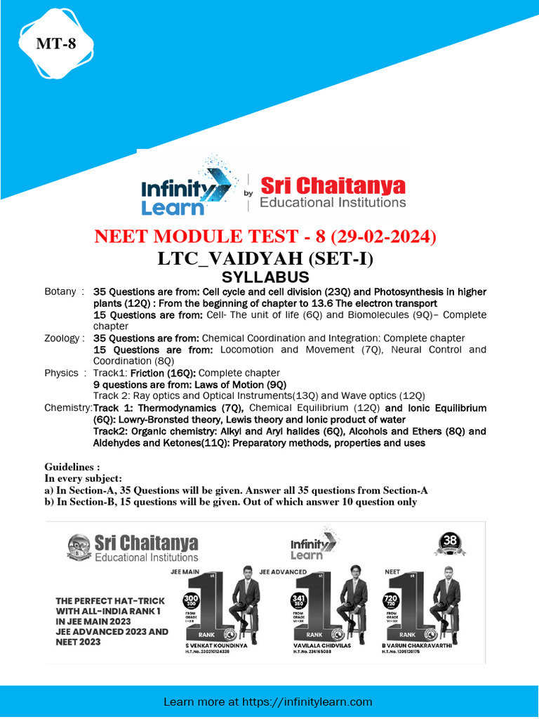 LTC Vaidyah (Set - 1) Neet Module Test - 8 Paper (29!02!2024) | PDF ...