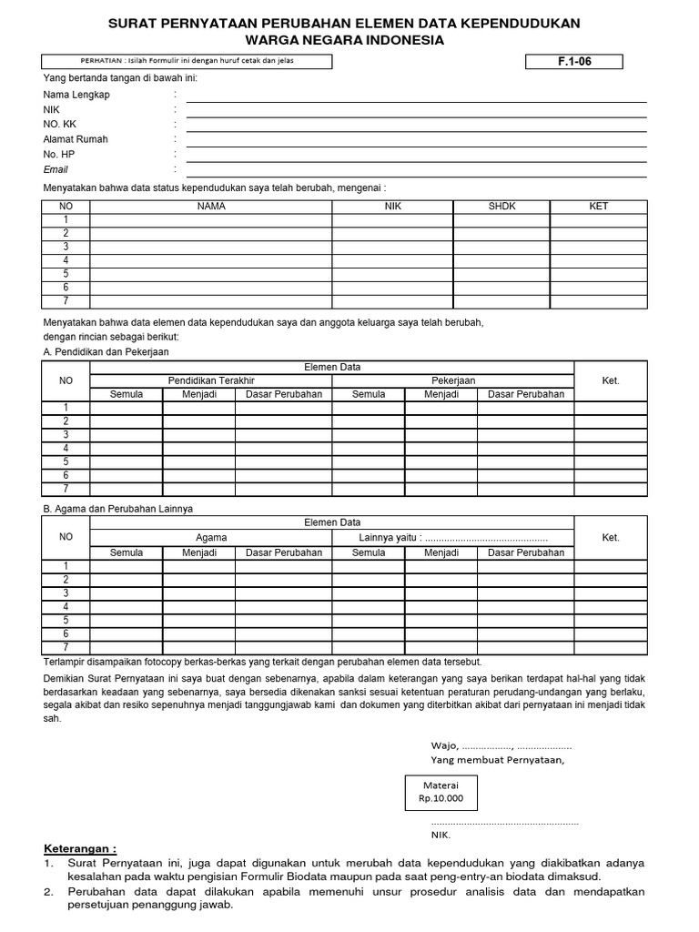 f1.06 Formulir Perubahan Data | PDF