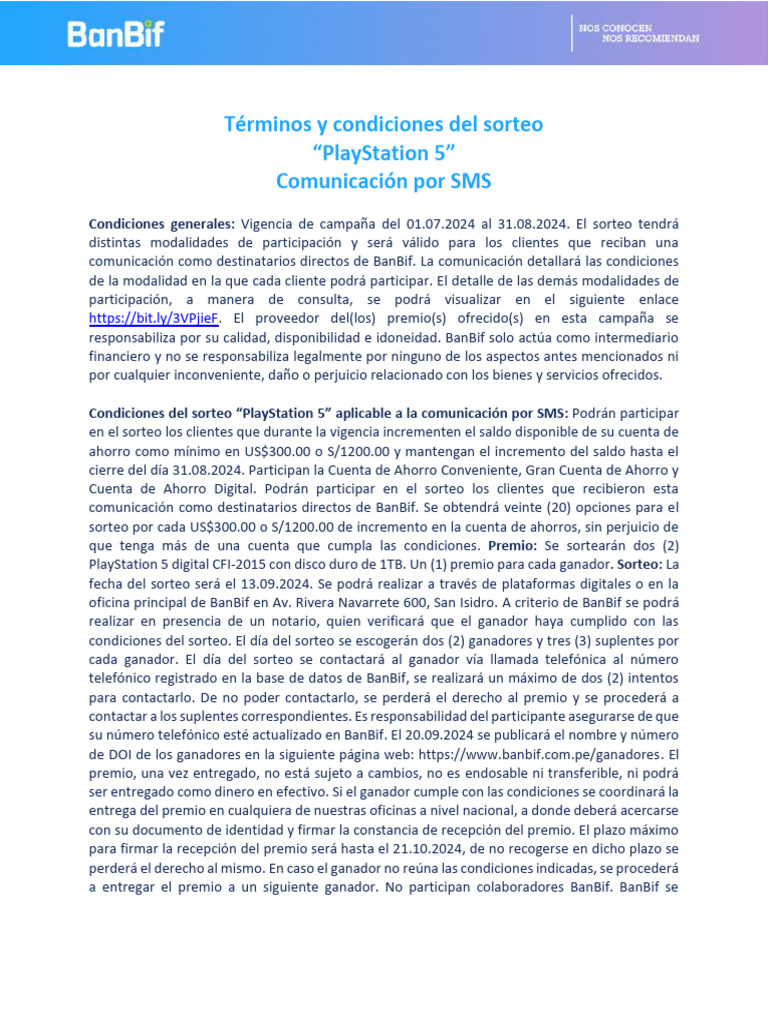 Terrminos y Condiciones Del Sorteo Play Station 5 Sms Fondeo | PDF