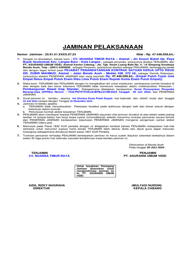 Contoh Jaminan Asuransi Pelaksanaan | PDF