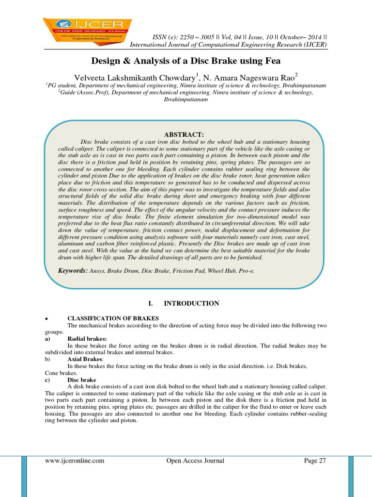 Disc Brake Design & FEA Analysis | PDF | Brake | Vehicles