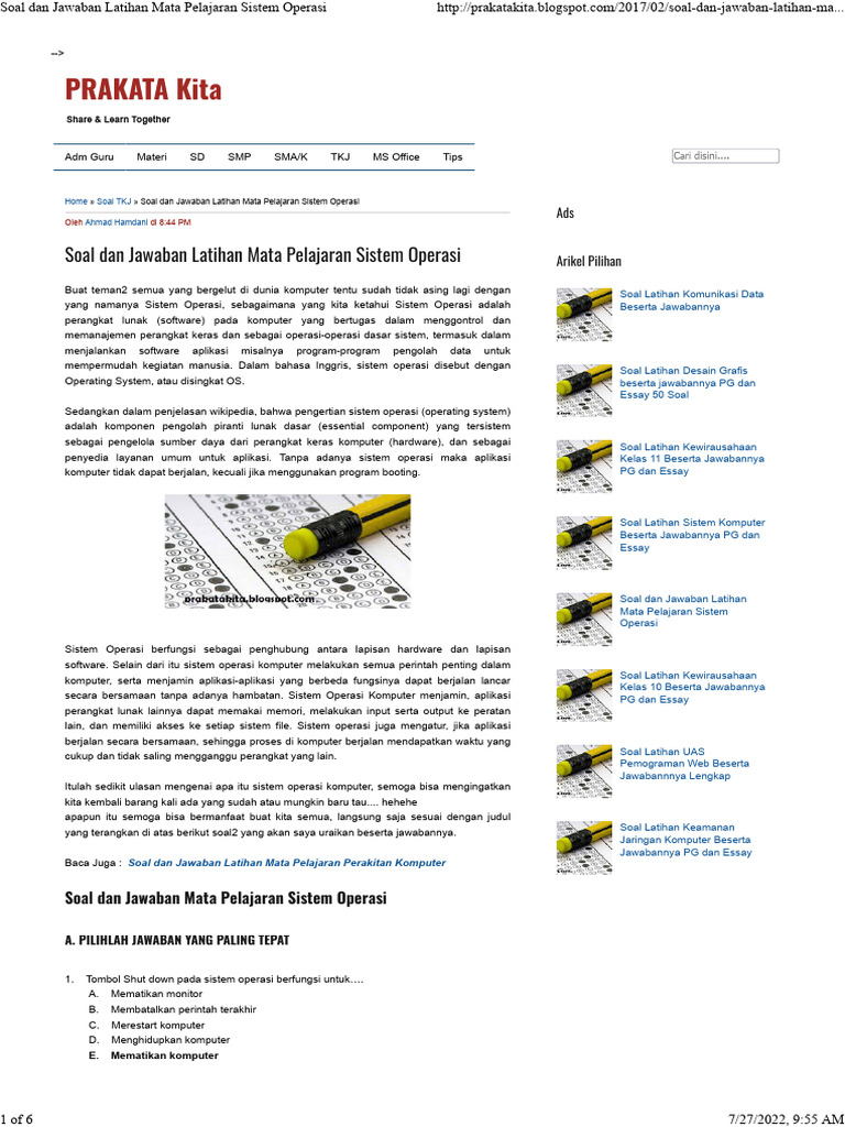 Soal Dan Jawaban Latihan Mata Pelajaran Sistem Operasi | PDF