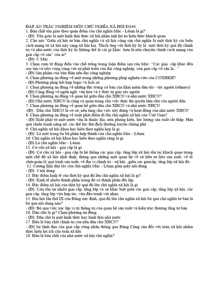 Dap An Trac Nghiem Mon Chu Nghia Xa Hoi Khoa Hoc Truong Dai Hoc Mo Ha 77727 | PDF