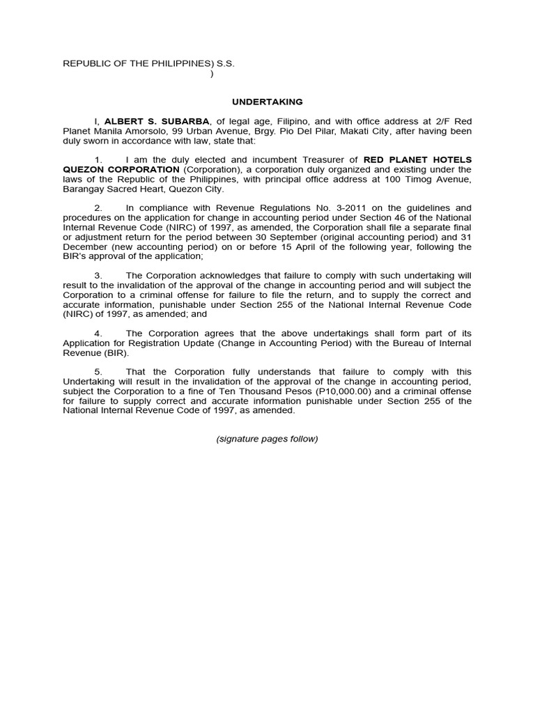 RP Quezon - Notarized Undertaking For Change of Accounting Period ...