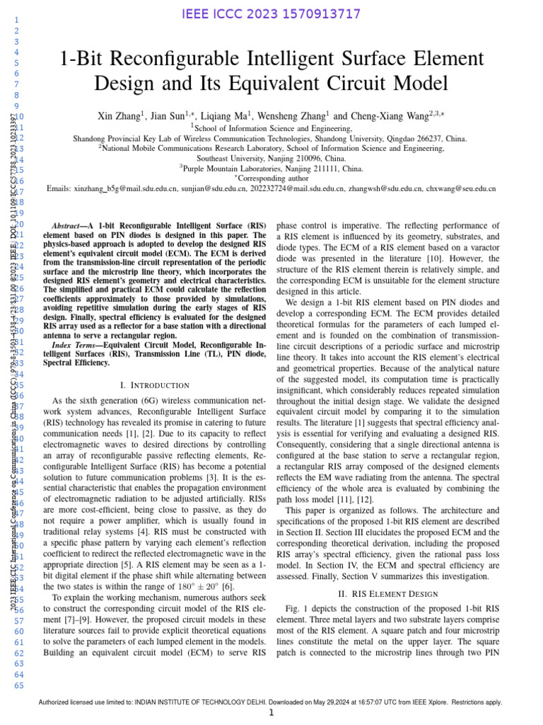 1 Bit Reconfigurable Intelligent Surface Element Design And Its Equivalent Circuit Model Pdf
