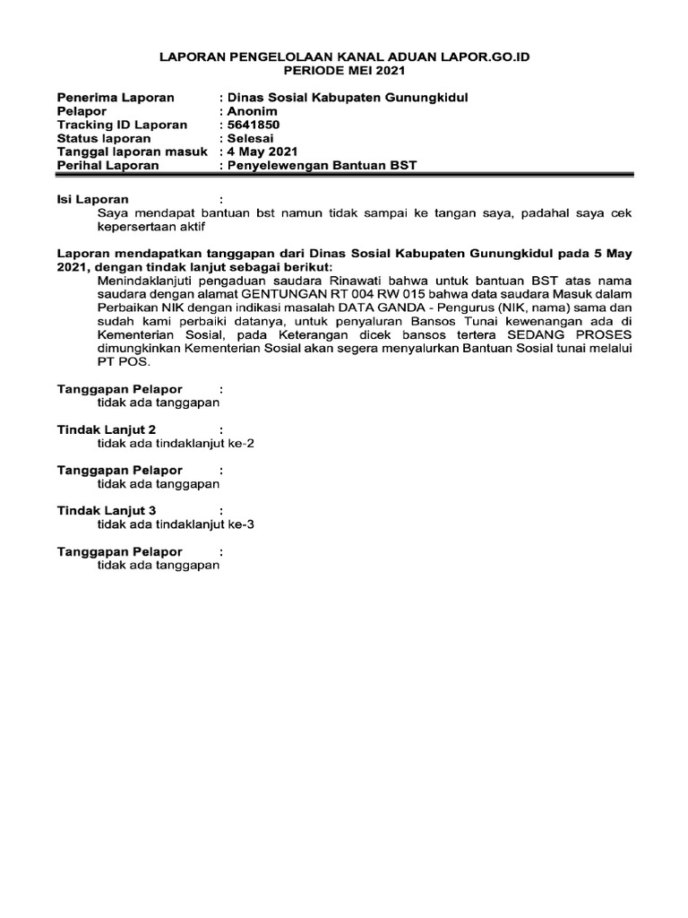 Laporan Pengelolaan Kanal Aduan Lapor Mei 2021 | PDF
