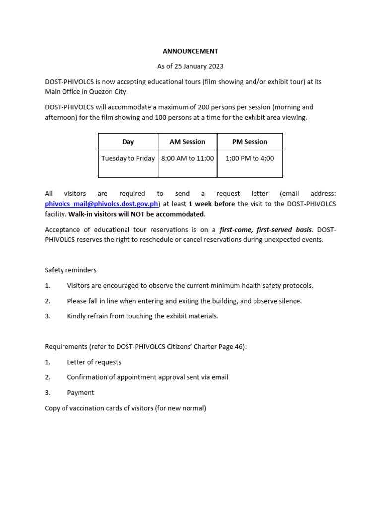 Announcement and Educ Tour Guidelines | PDF | Health Disasters | Emergency Management