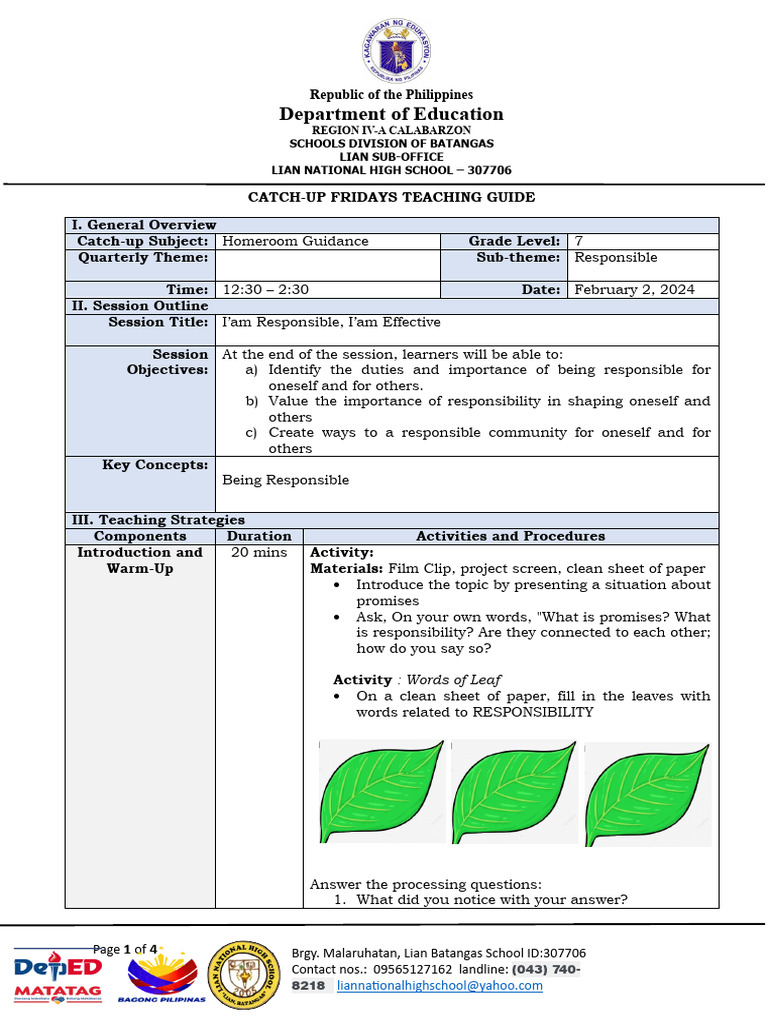Teaching Guide HOMEROOM GUIDANCE WEEK 1 | PDF | Behavior Modification | Cognition