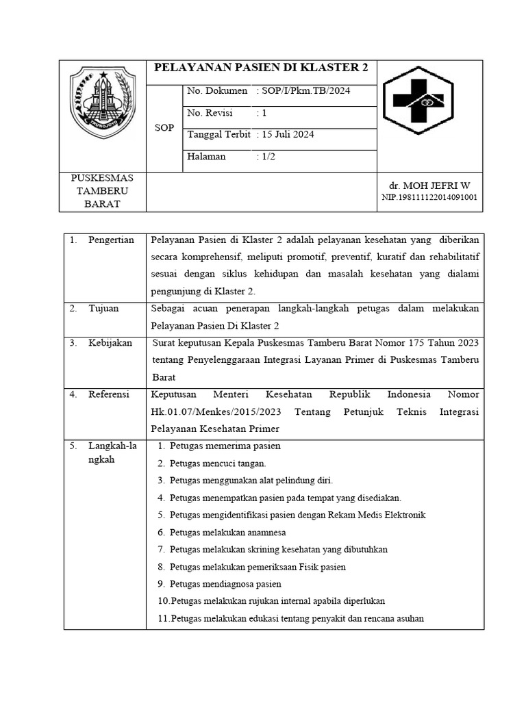 Sop Pelayanan Klaster 2 | PDF | Kesehatan Holistik | Sains & Matematika