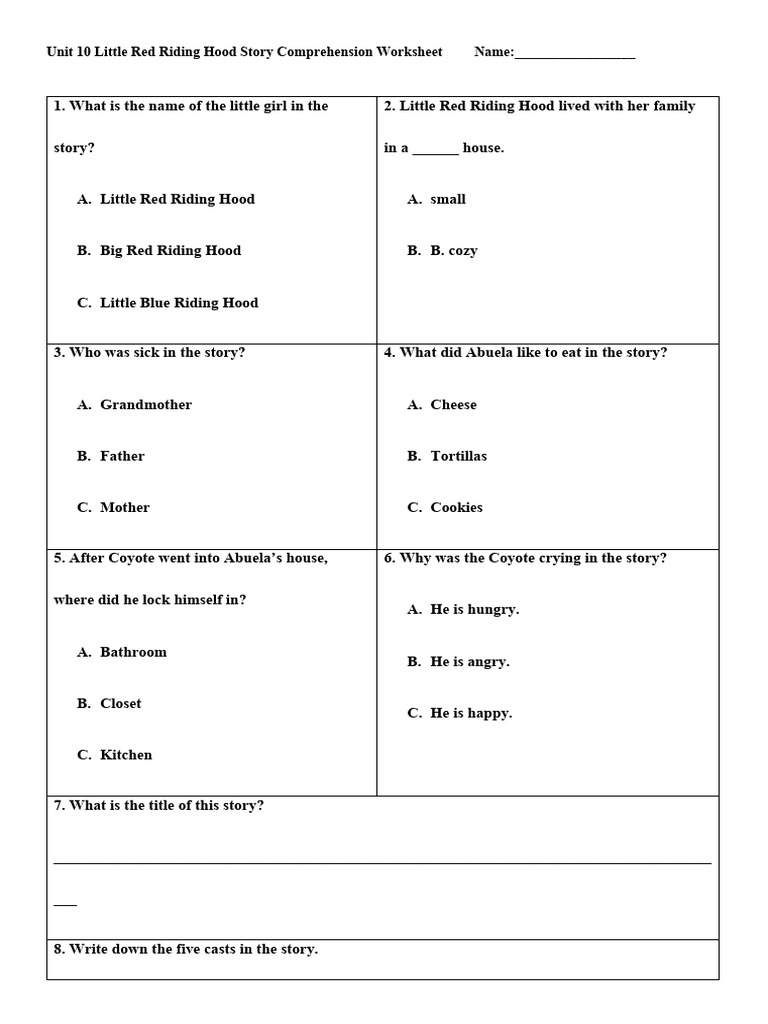 Unit 10 Little Red Riding Hood Story Comprehension Worksheet | PDF ...