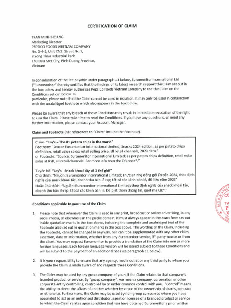 Lays VN Claim Certificate Jul2023 To Jun2024 Signed | PDF