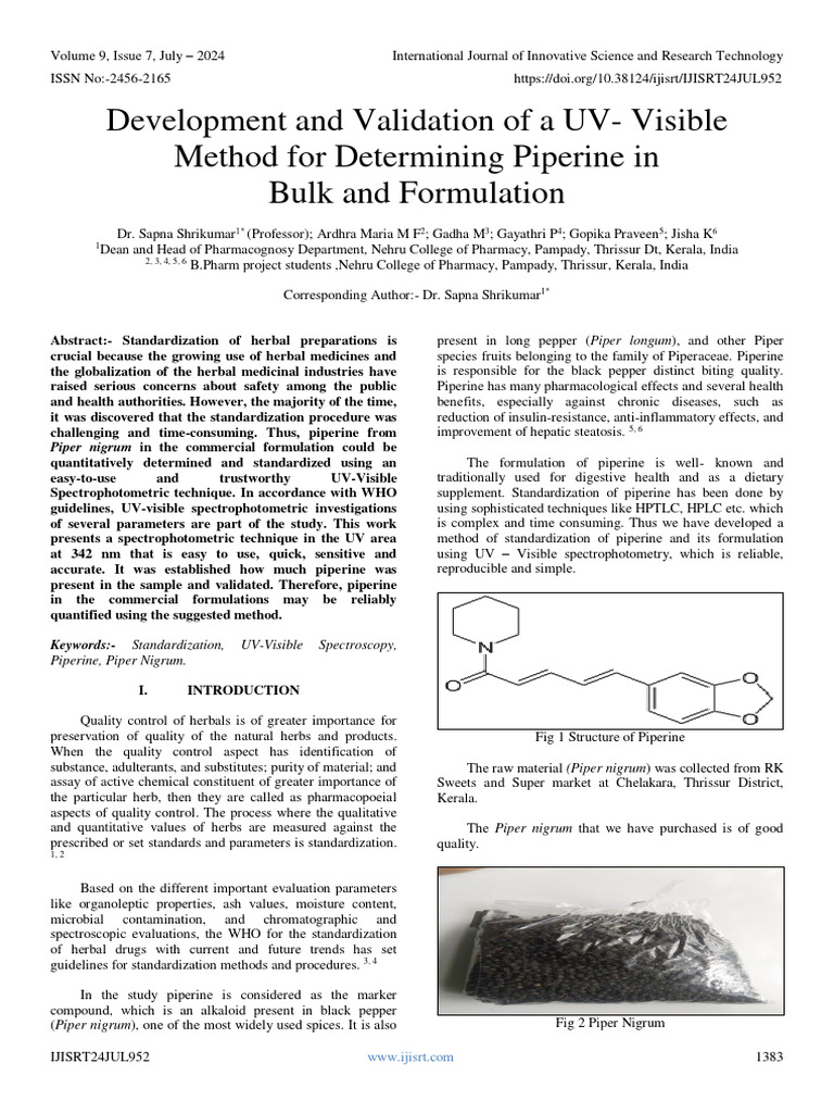 Development And Validation Of A Uv Visible Method For Determining Piperine In Bulk And