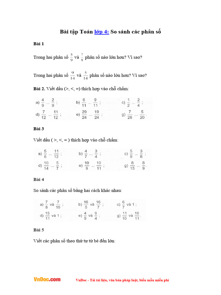 BT Toan Lop 4 So Sanh Cac Phan So | PDF