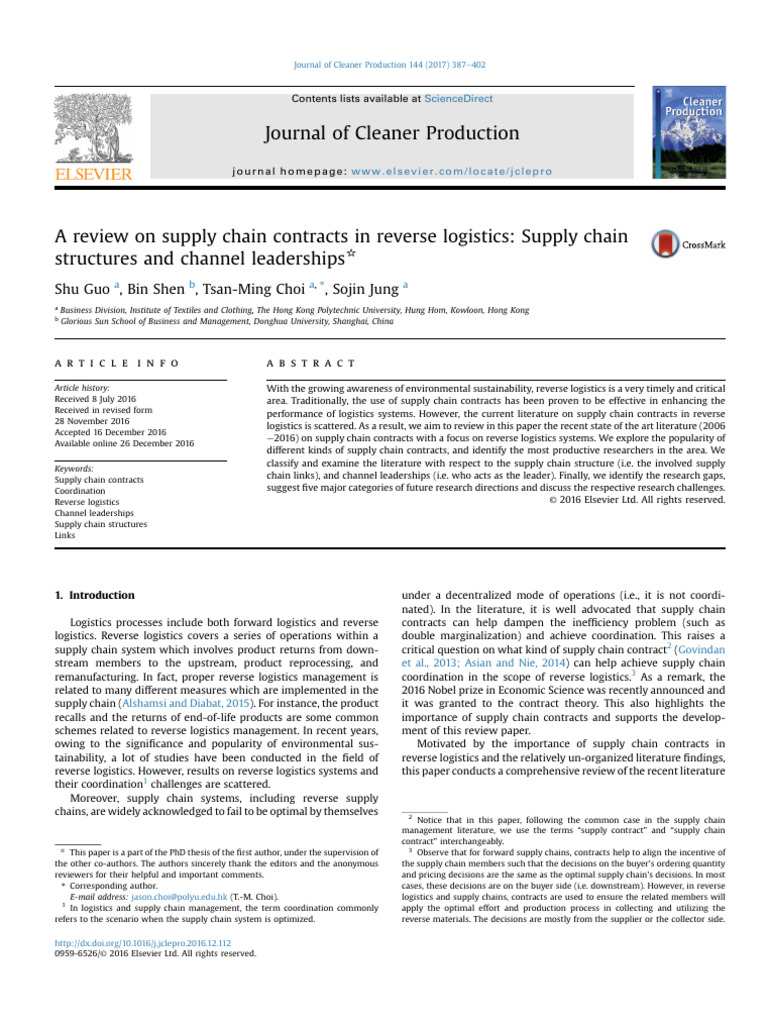 A Review On Supply Chain Contracts in Reverse Logistics - Supply Chain ...