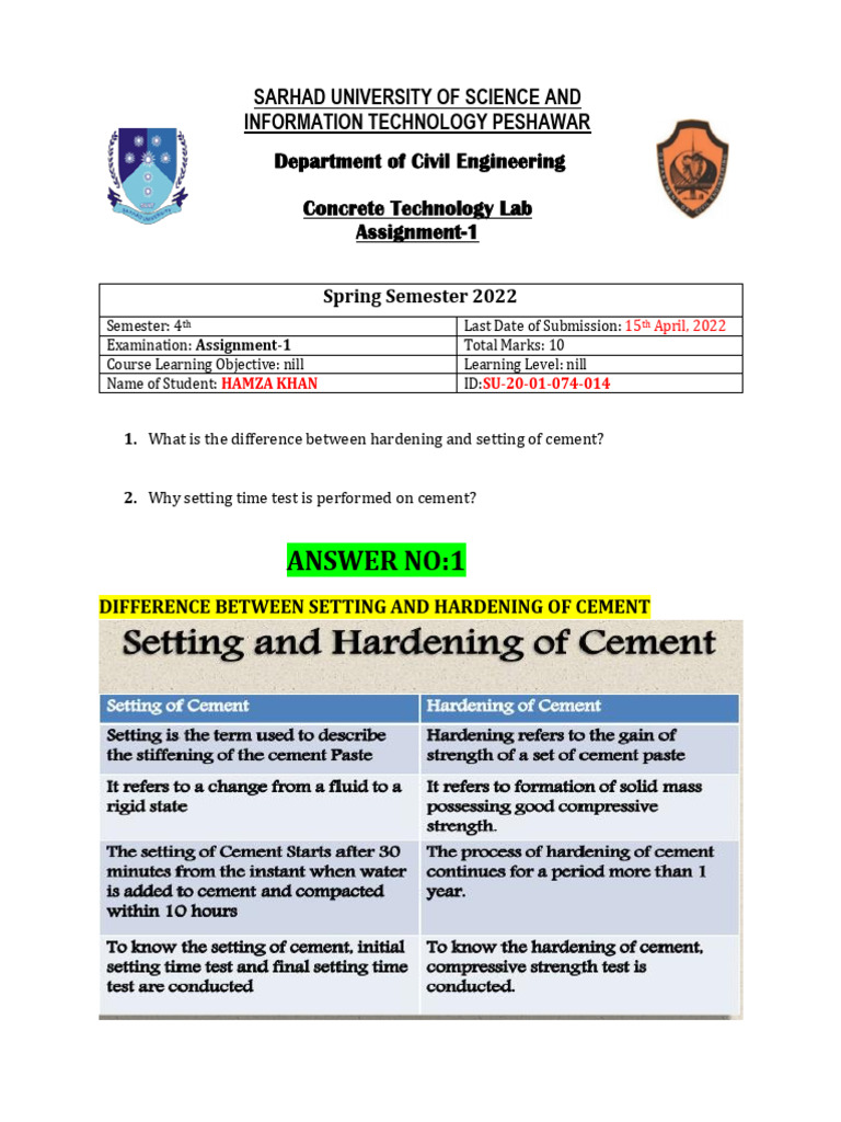 Concrete Technology Lab Assignment 1 | PDF