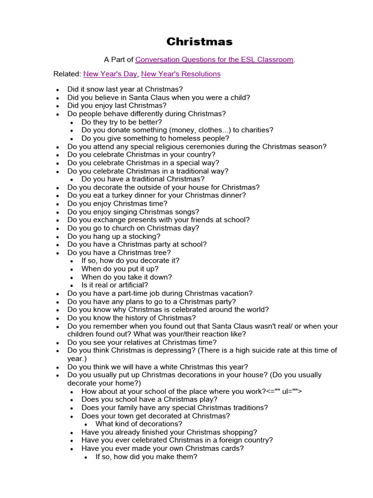 Christmas ESL Conversation Questions | PDF | Christmas | Christmas And ...