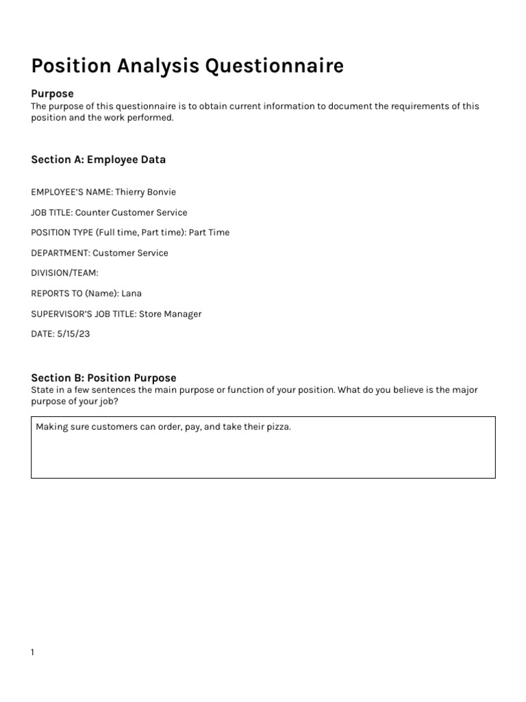 Completed Position Analysis Questionnaire PAQ | PDF | Occupational ...