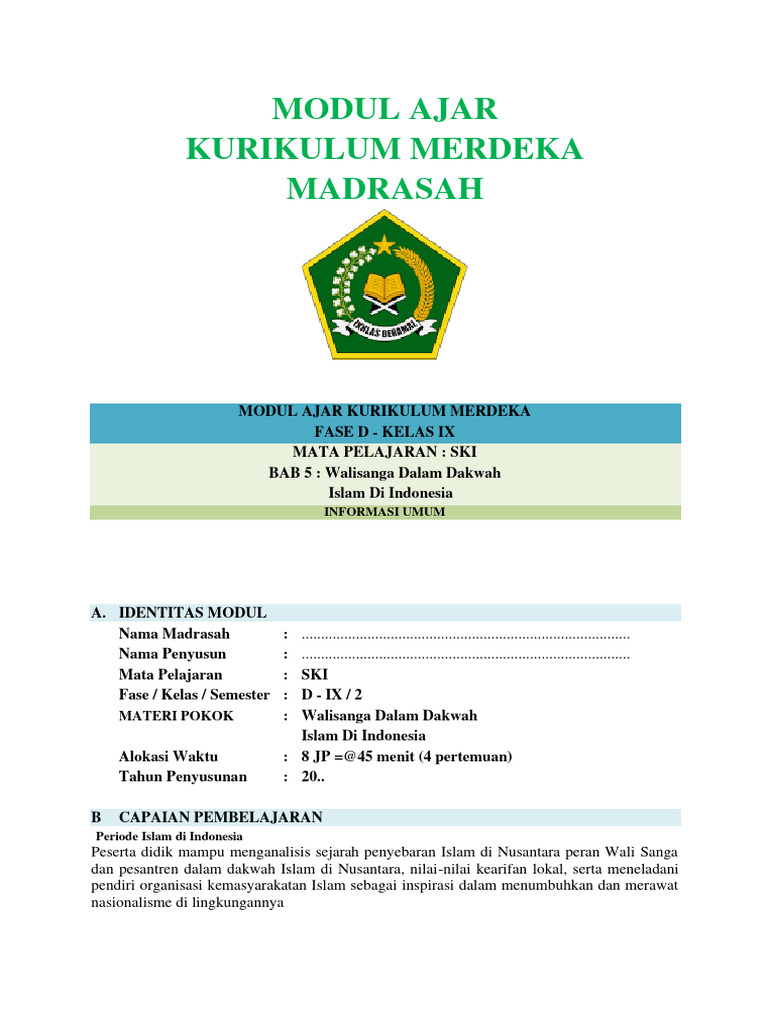 Contoh Modul Ajar SKI Kelas 9 | PDF | Karier & Perkembangan