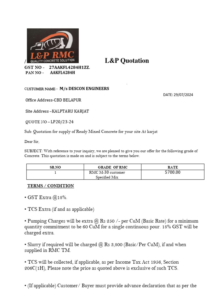 RMC Quotation | PDF | Concrete | Prices