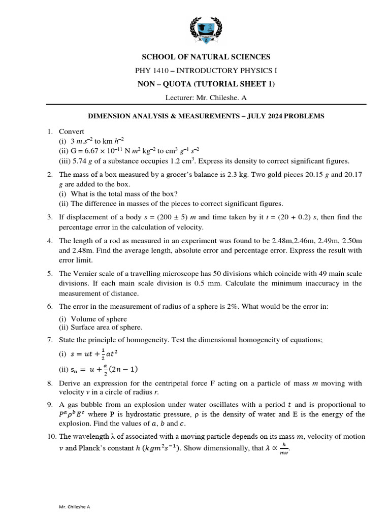 Phy 1410 - Tutorial Sheet 1 | PDF | Science & Mathematics