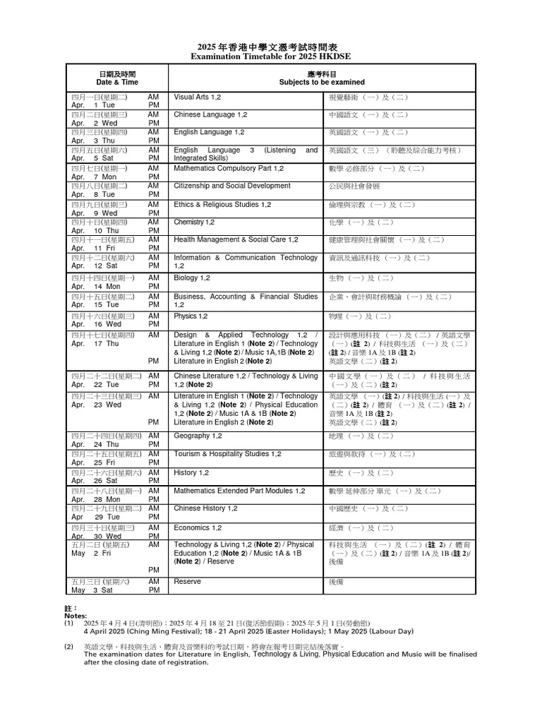 2025 DSE Timetable | PDF