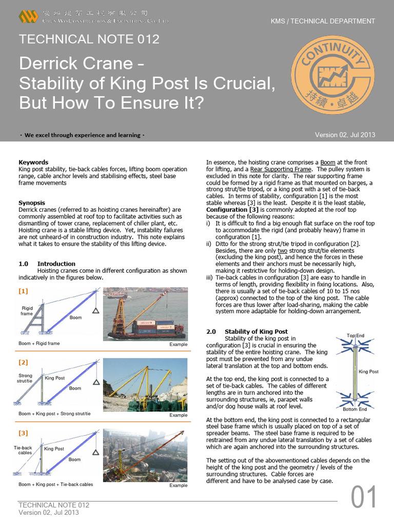 TECHNICAL NOTE 012 Derrick Crane - Stability of King Post Is Crucial, But How To Ensure It | PDF ...