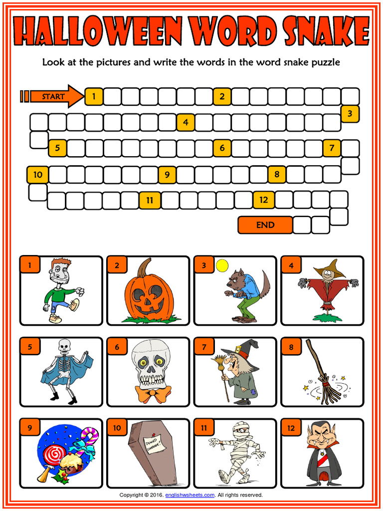 Halloween Esl Vocabulary Word Snake Puzzle Worksheet For Kids | PDF ...
