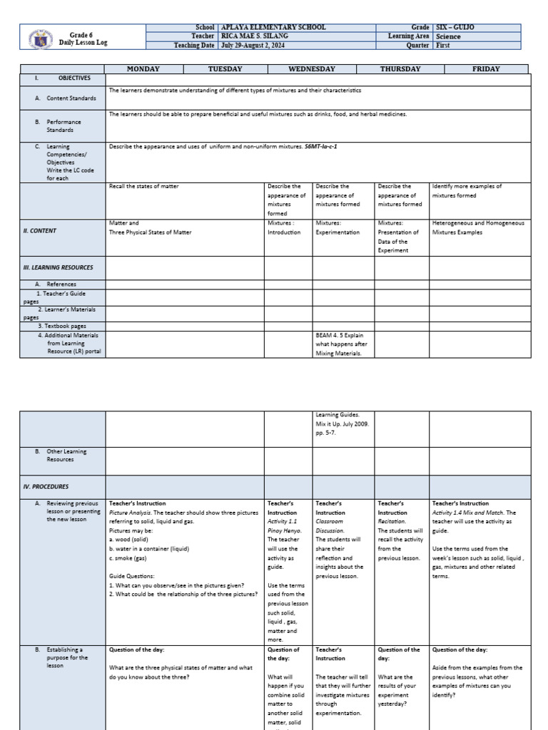 DLL - Science 6 - Q1 - W1 | PDF | Mixture | Homogeneity And Heterogeneity