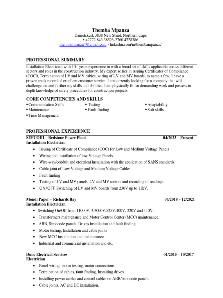 Themba Mpanza's CV and Documents | PDF | Electrician | Electrical Wiring