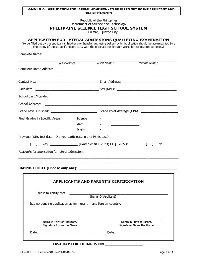 PSHS Lateral Admission Application Form | PDF | Philippines
